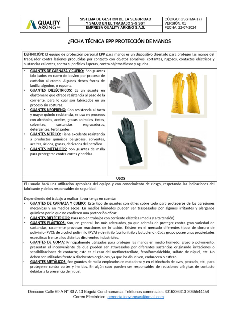 Ficha Tecnica EPP Proteccion manos | PDF | Guante | Cloruro de polivinilo
