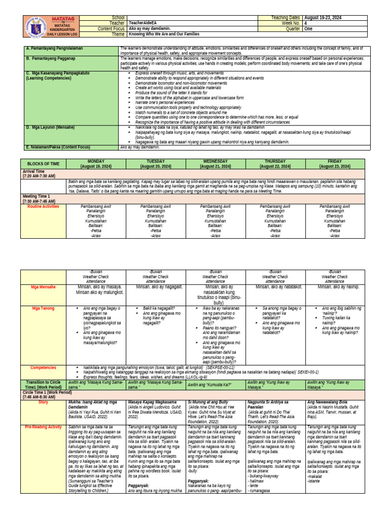 Kinder DLL - Week 4.matatag Curriculum | PDF