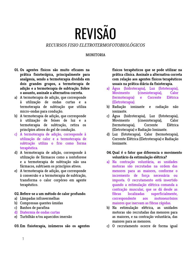 Revisão - 1 Prova RFE - RESPOSTAS | PDF | Músculo | Dor