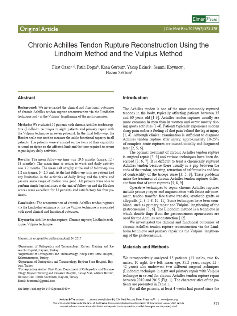 Chronic Achilles Tendon Rupture Reconstruction Using The Lindholm ...