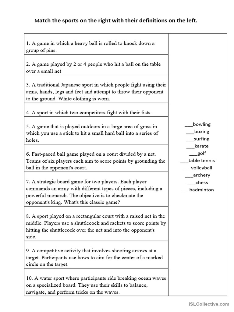 Sports Matching Quiz | PDF | Sports & Recreation | Games & Activities