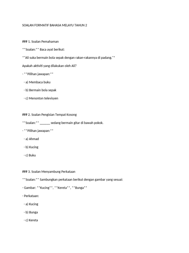 Soalan Formatif Bahasa Melayu Tahun 2 | PDF