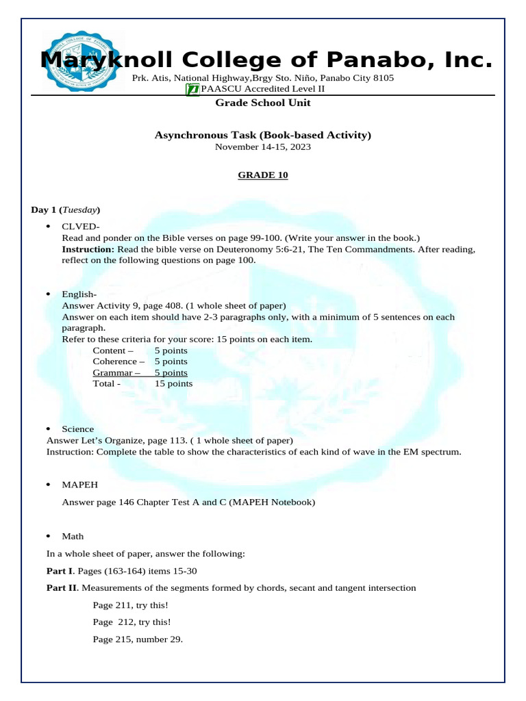 Asynchronous Task Day 1 and 2 | PDF | Language Arts & Discipline