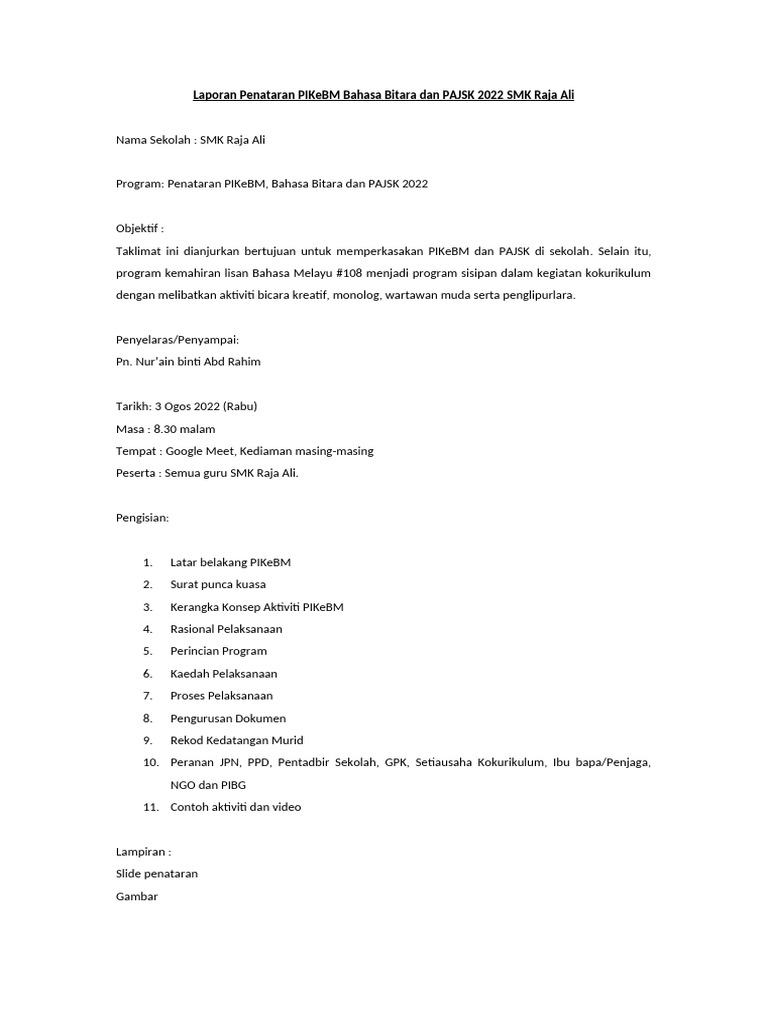 Laporan Penataran PIKEBM BAHASA BITARA PAJSK 2022 | PDF