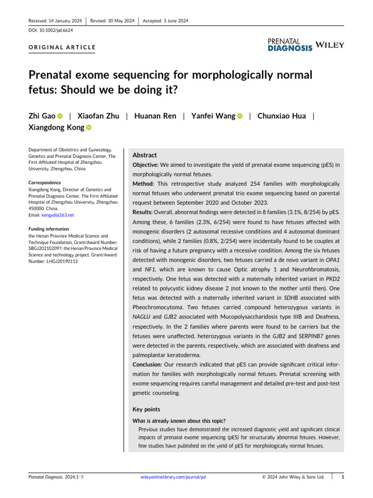 Gao 2024 Prenatal DX - Prenatal Exome Sequencing For Morphologically Normal Fetus, Should We Be ...