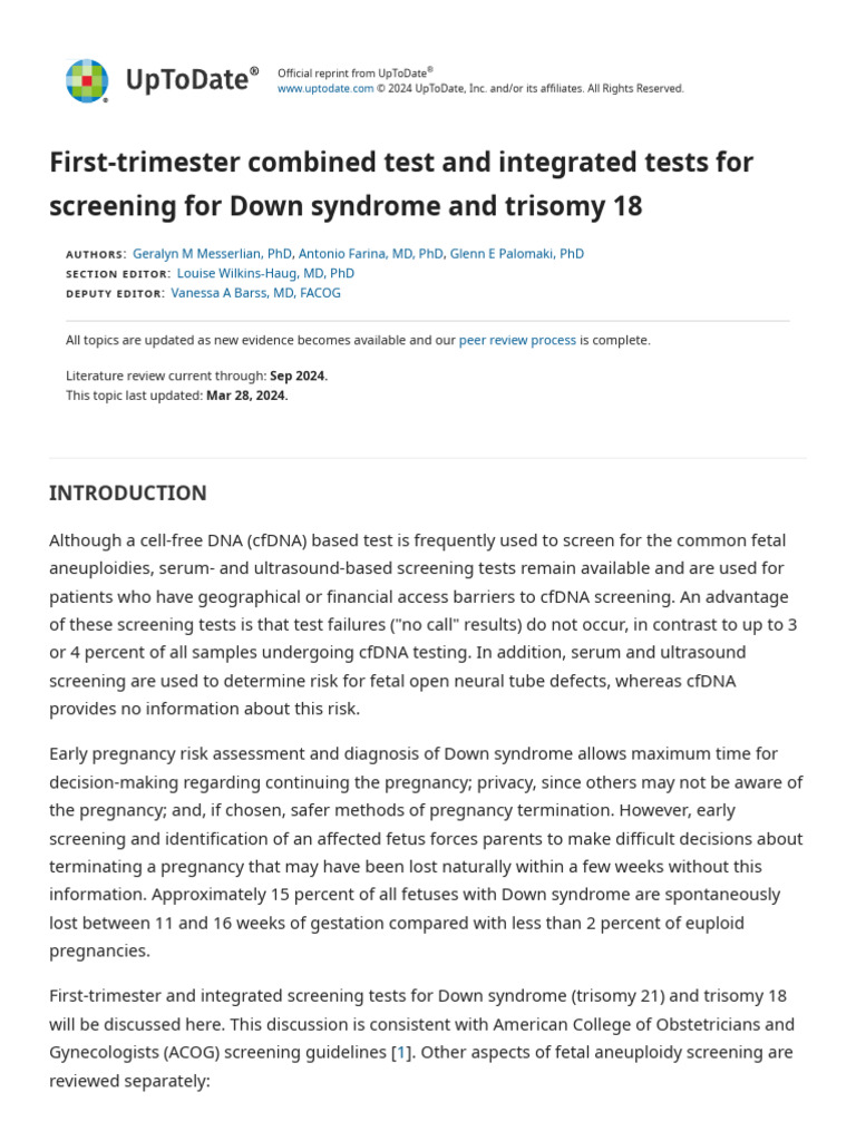 First-Trimester Combined Test and Integrated Tests For Screening For ...