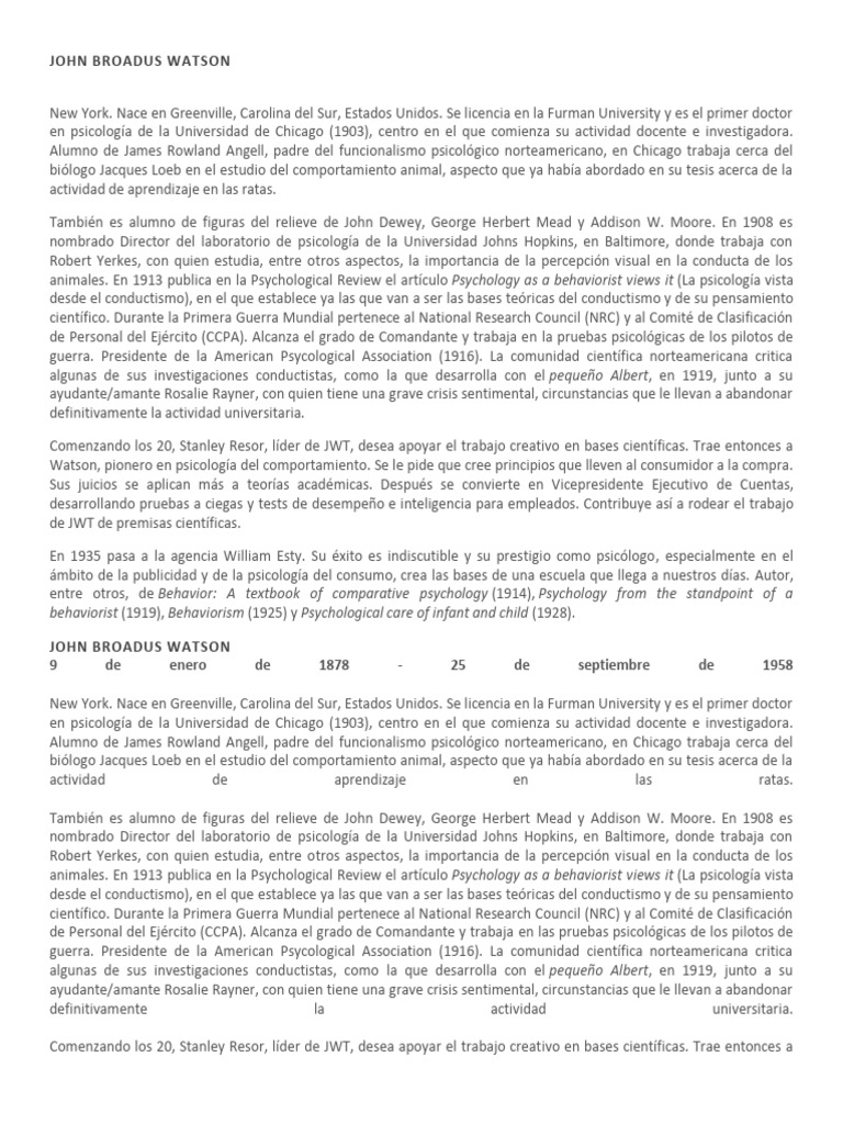 John Broadus Watson | PDF | Behaviorismo | Sicología