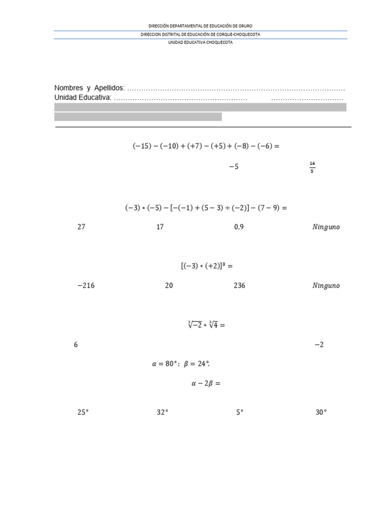 Eval 1ro de Sec. | PDF | Entero | Sustracción