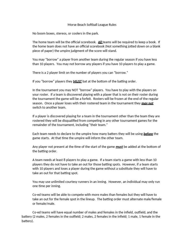 Morse Beach Softball League Rules | PDF | Softball | Major League ...