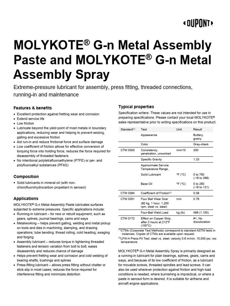 MOLYKOTE G-N Metal Asembly Paste and Spray 10-731G-01 | PDF | Screw ...