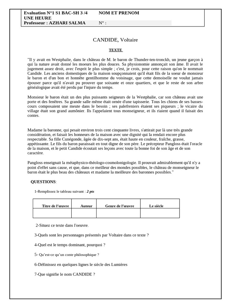 Évaluation Candide - Bac SH 3 | PDF | Candide