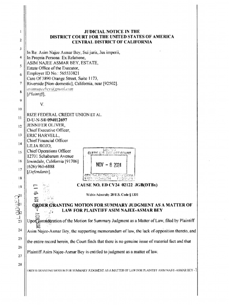 Order Granting Motion For Summary Judgment As A Matter of Law For Plaintiff Asim Najee-Asmar Bey ...