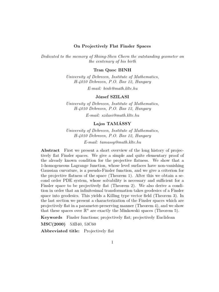 On Projectively Flat Finsler Spaces | PDF | Manifold | Euclidean Space