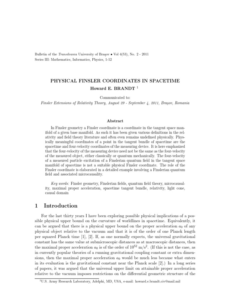 Physical Finsler Coordinates in Spacetime | PDF | Field (Physics ...