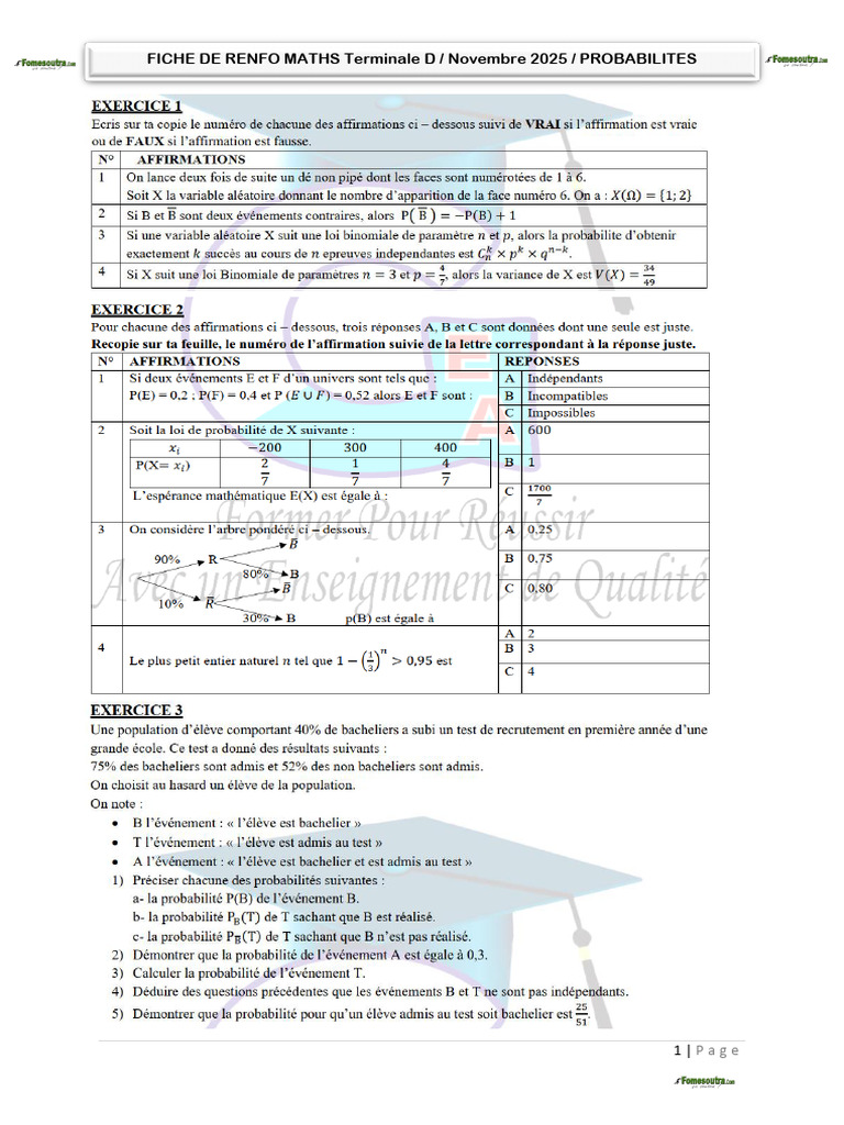 Fiche Maths Terminale D - Probabilités 2025 | PDF