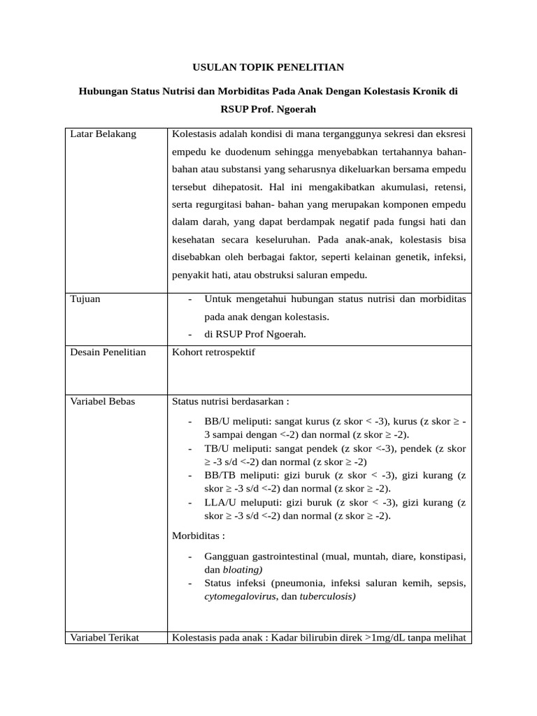 USULAN TOPIK PENELITIAN Kolestasis Status Nutrisi | PDF