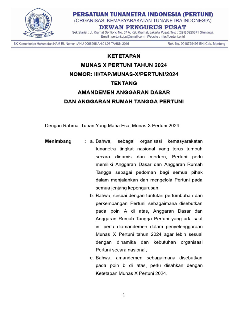 AMANDEMEN ANGGARAN DASAR DAN ANGGARAN RUMAH TANGGA Munas X Pertuni 2024 | PDF | Pengelolaan ...