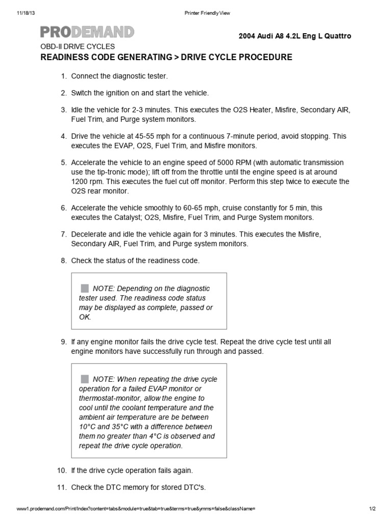 Audi A8 D3 Emissions READINESS CODE GENERATING - DRIVE CYCLE PROCEDURE ...