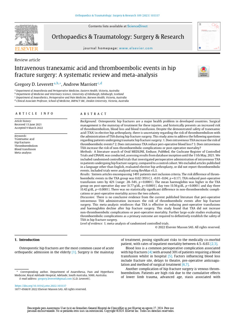 TXA in Hip Fracture Surgery: Meta-Analysis | PDF | Thrombosis | Surgery