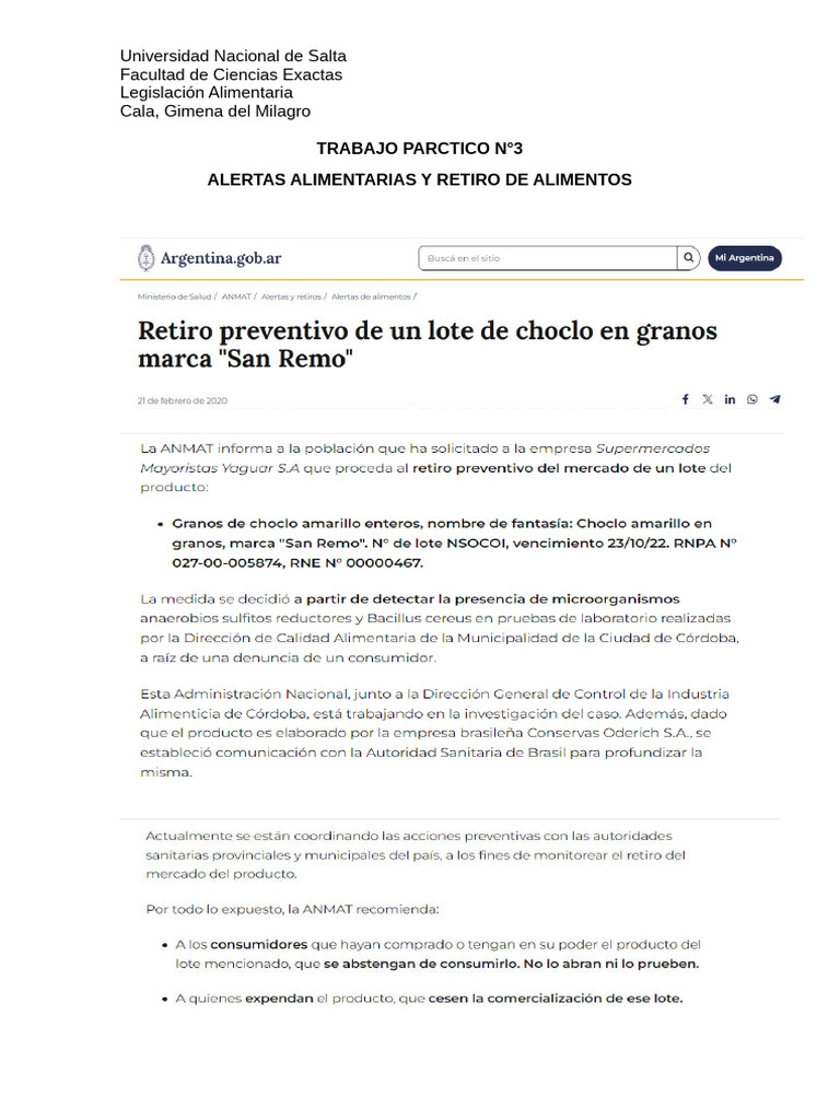 Alerta Alimentaria: Retiro de Choclo San Remo | PDF | Alimentos ...
