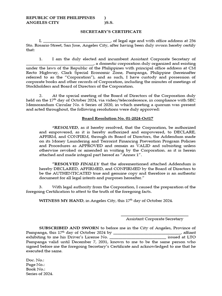 Secretary's Certificate for Board Resolution | PDF | Justice | Crime & Violence