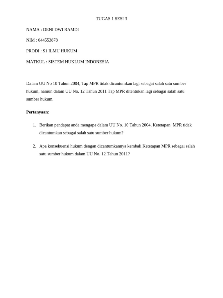 Tugas 1 Sesi 3 Sistem Hukum Indonesia | PDF