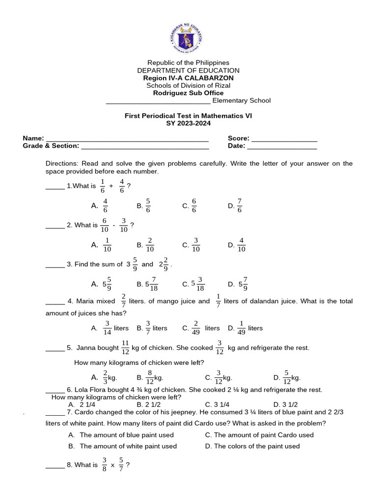 Math VI Periodical Test 23/24 | PDF | Decimal