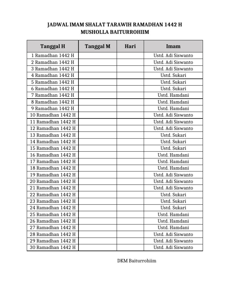 Jadwal Imam Tarawih 1442 H-2021 M | PDF