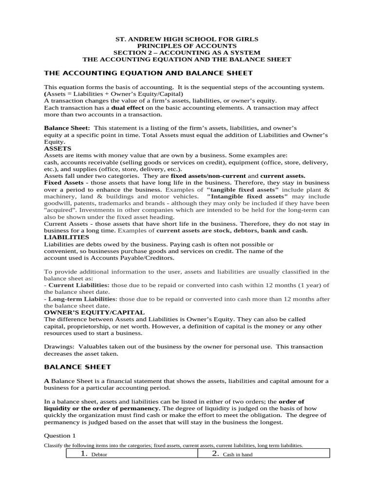 Lesson Notes 4 Accounting Equation Balance Sheet | PDF | Balance Sheet ...