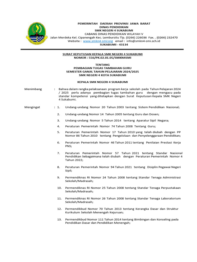 SK Pembagian Tugas Tambahan T.A. 2024-2025, Revisi | PDF