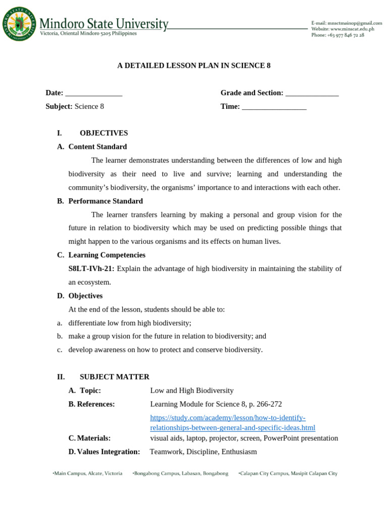 Science 8: Biodiversity Lesson Plan | PDF | Biodiversity | Ecosystem