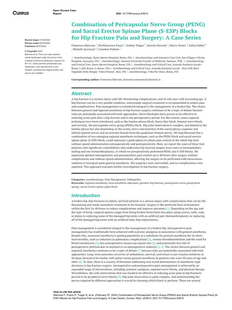 Combination of Pericapsular Nerve Group (PENG) and Sacral Erector ...