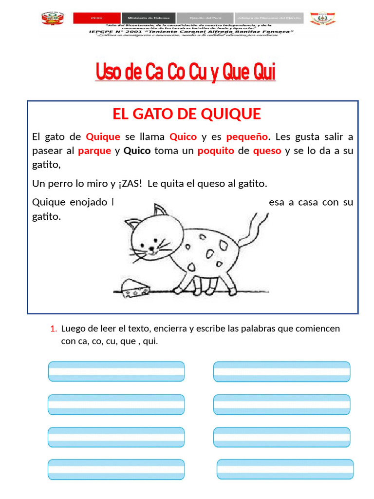 Guia Escribimos Oraciones CA, Co, Cu, Que, Qui | PDF