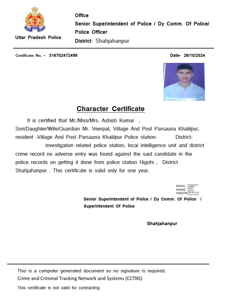 Character Certificate for Ashish Kumar | PDF