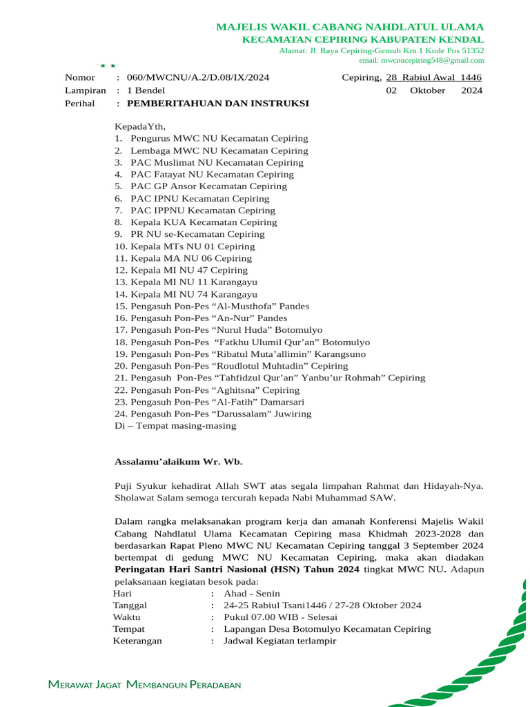 MWC Nu Instruksi HSN Tahun 2024 | PDF