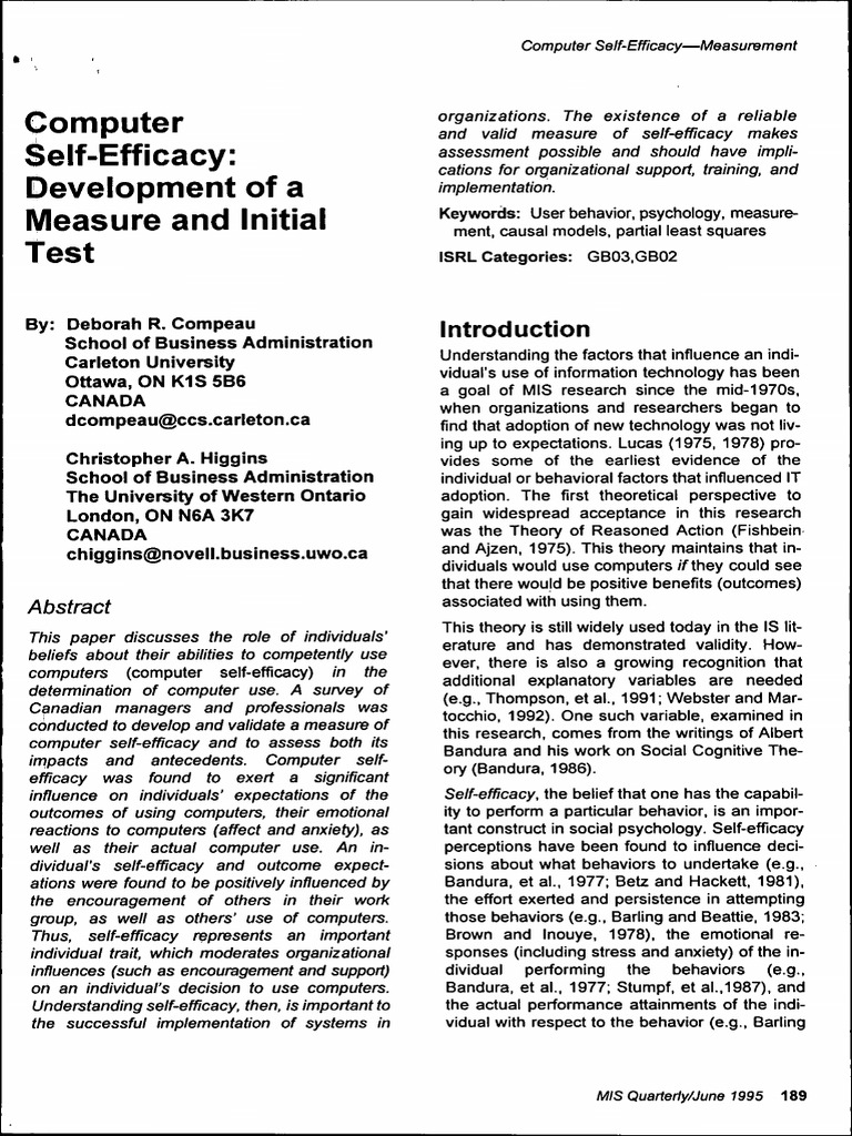 Computer Self-Efficacy - Development of A Measure and Initial Test ...