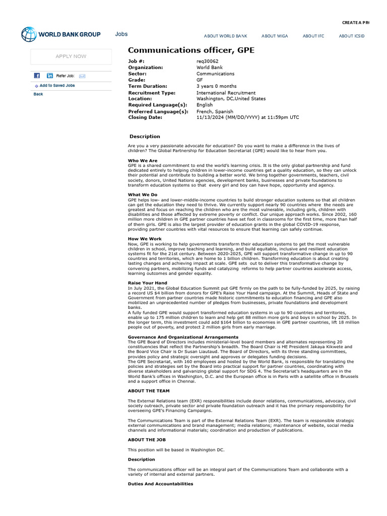 Communications Officer, GPE | PDF | World Bank Group