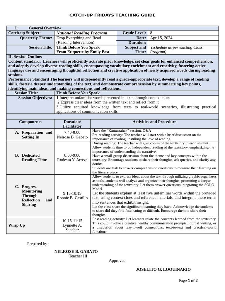 Teaching-Guide-Catchup-READING GRADE 8apr | PDF | Reading Comprehension | Learning