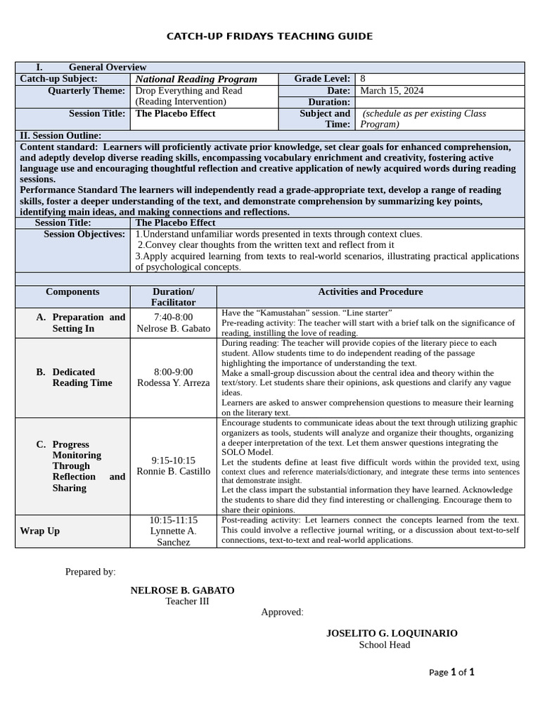 Teaching Guide Catchup READING GRADE 8q3.2 | PDF | Reading Comprehension | Communication