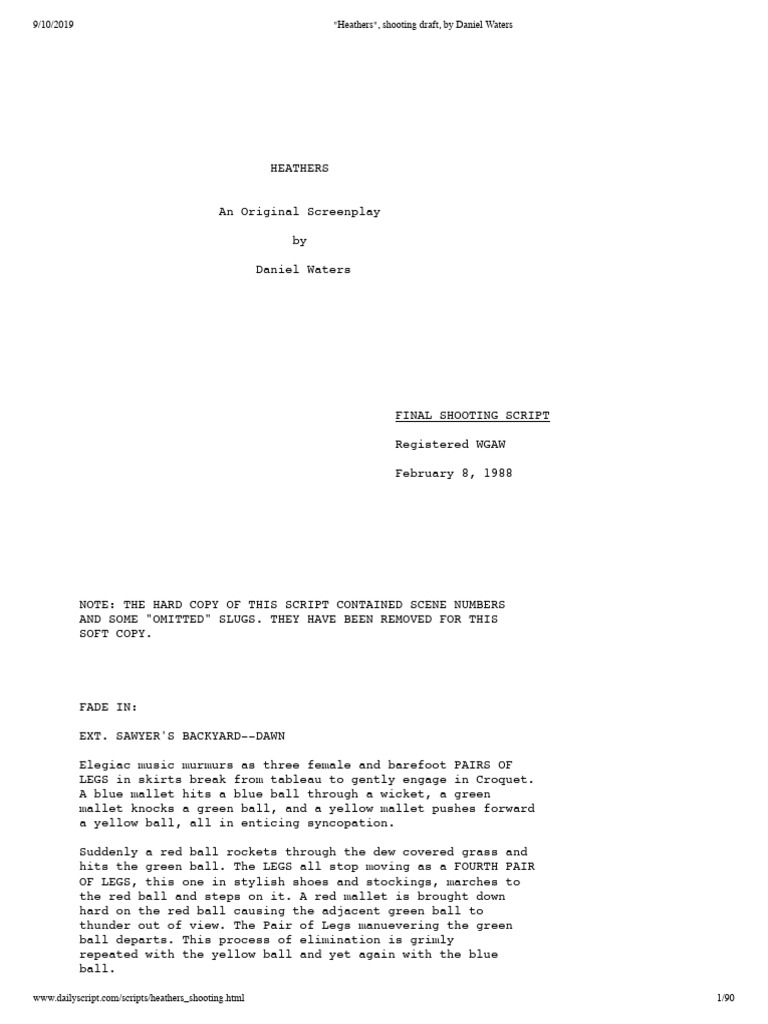 Heathers - , Shooting Draft, by Daniel Waters | PDF