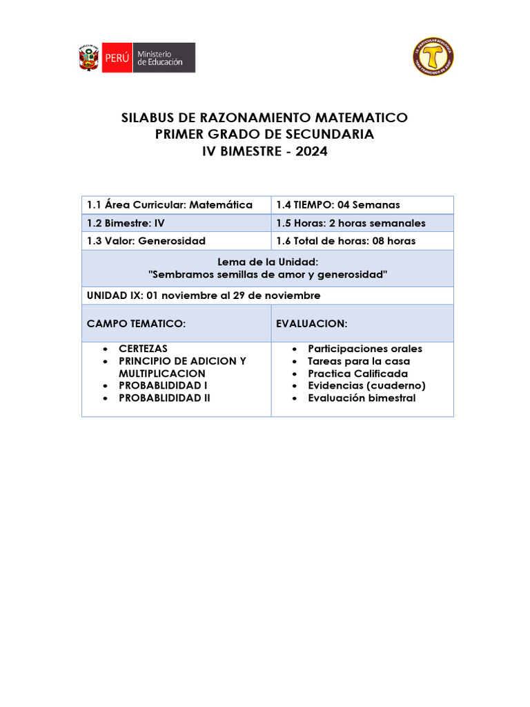 Silabo - Unidad 9 - Rm-1ro | PDF