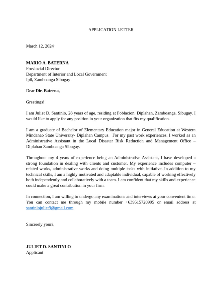 Job Application Letter by Juliet Santinlo | PDF | Wellness