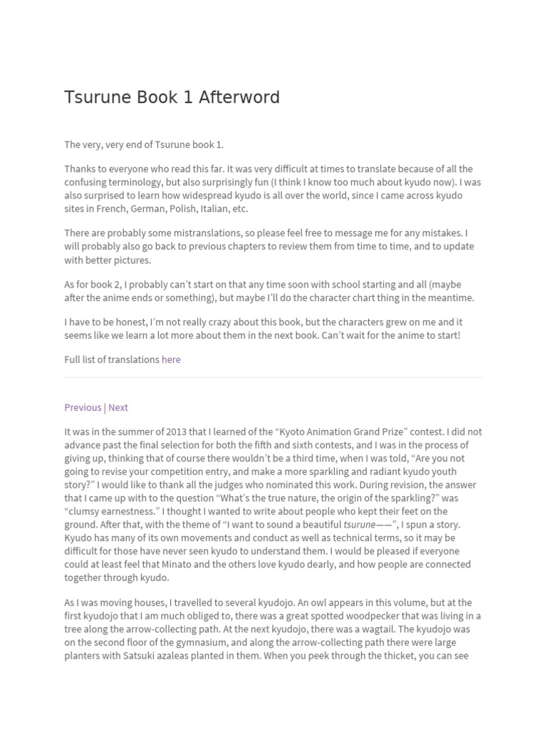 Tsurune Book 1 Afterword Insights | PDF