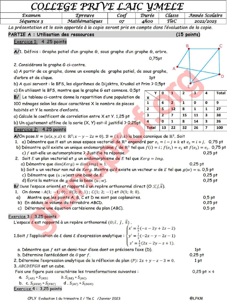 Maths TleC Evaluation3 College Ymele 2022 2023 | PDF