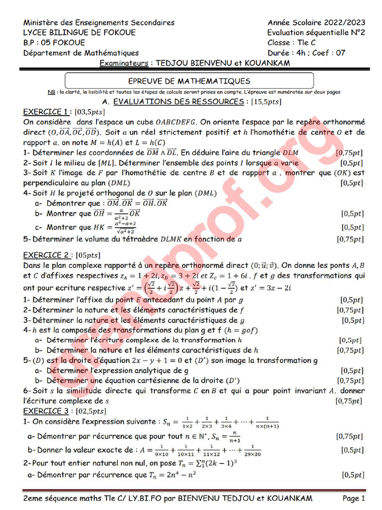 Maths TleC Evaluation2 Lycee Bilingue Fokoue 2022 2023 | PDF