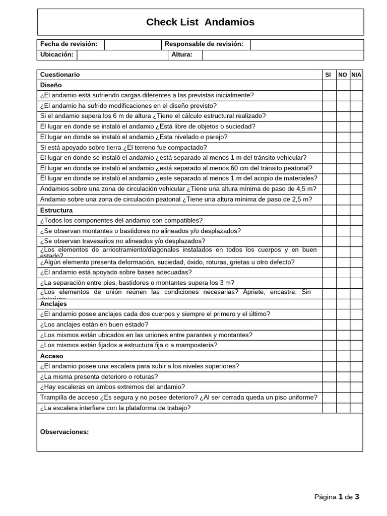 Check List Control Andamios | PDF | Andamio