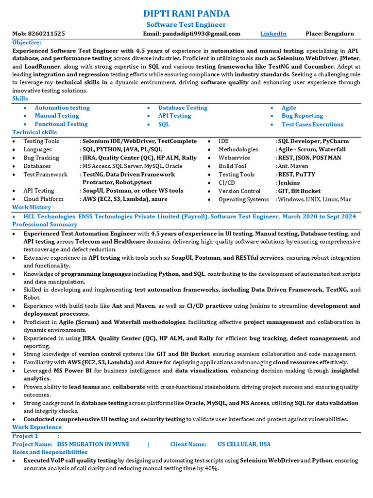 Software Test Engineer Profile | PDF | Selenium (Software) | Software ...