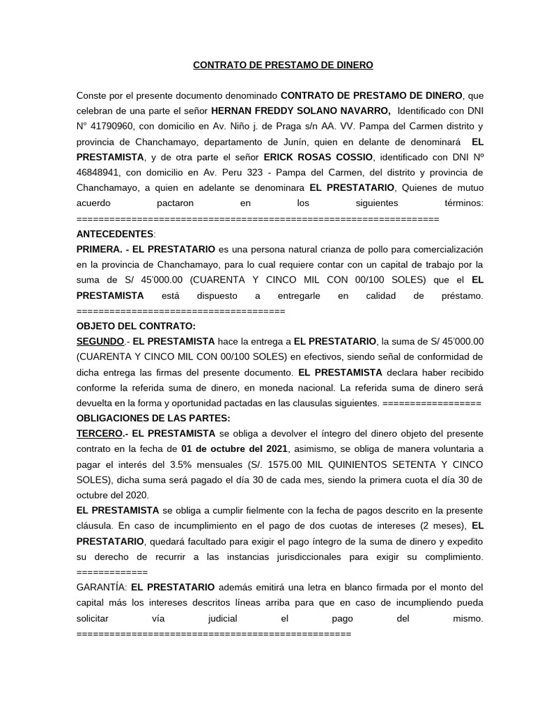 Contrato Prestamo de Dinero Hernan Solano | PDF | Documento de identidad | Justicia