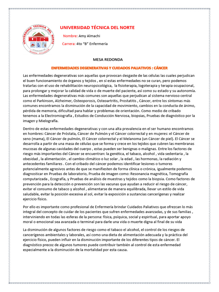 Enfermedades Degenerativas - Amy Almachi | PDF | Cáncer | Causas de la muerte