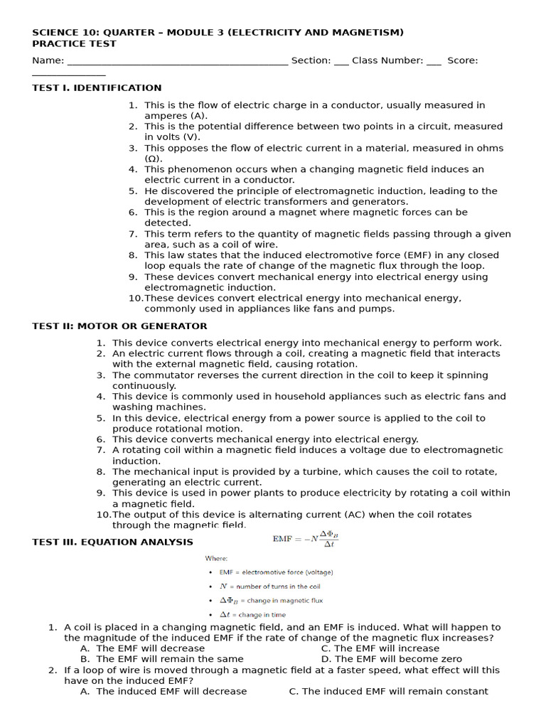 G10 Q2 M3 Practice Test | PDF | Electromagnetic Induction | Inductor